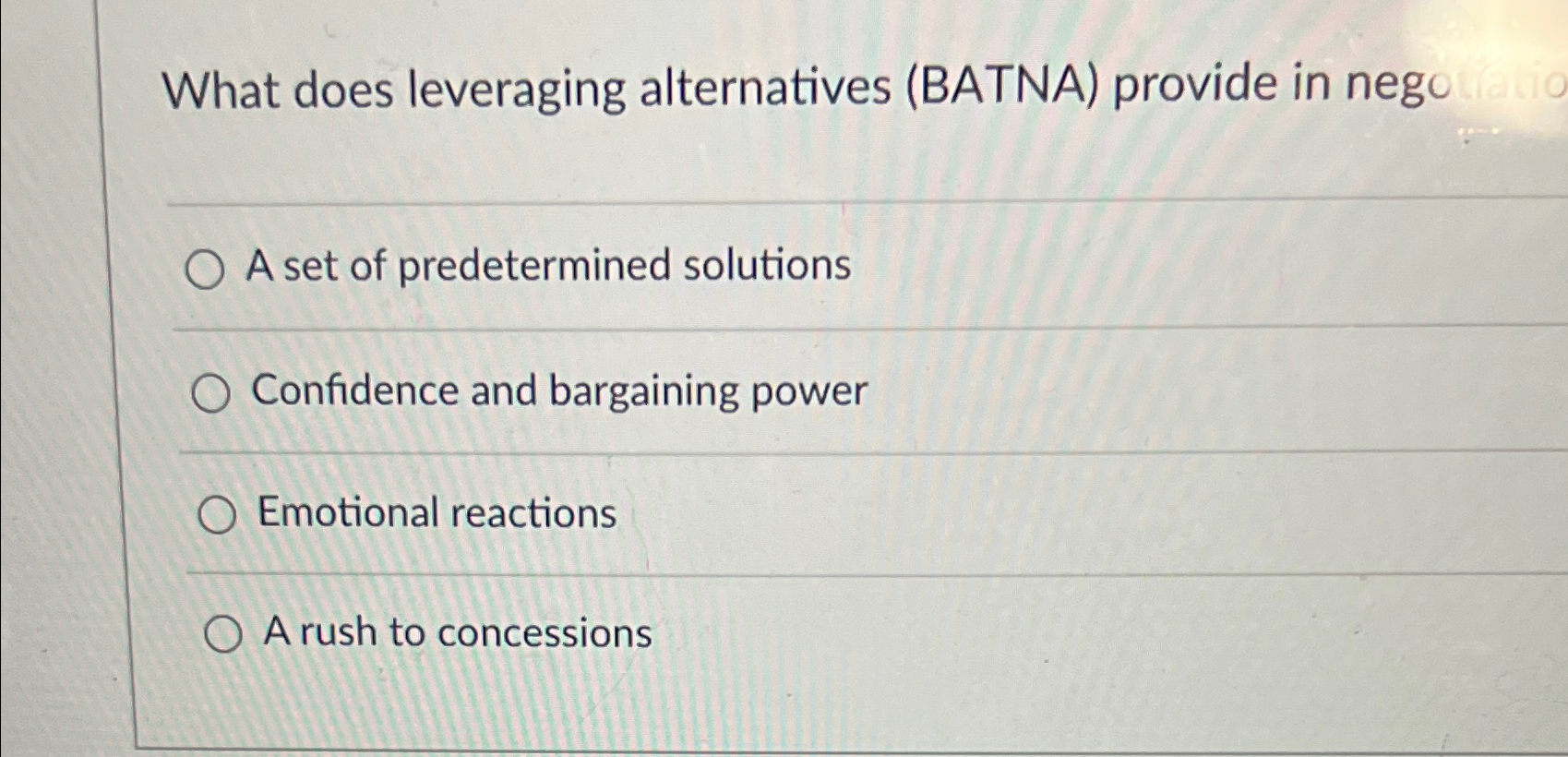 Solved What does leveraging alternatives (BATNA) ﻿provide in | Chegg.com