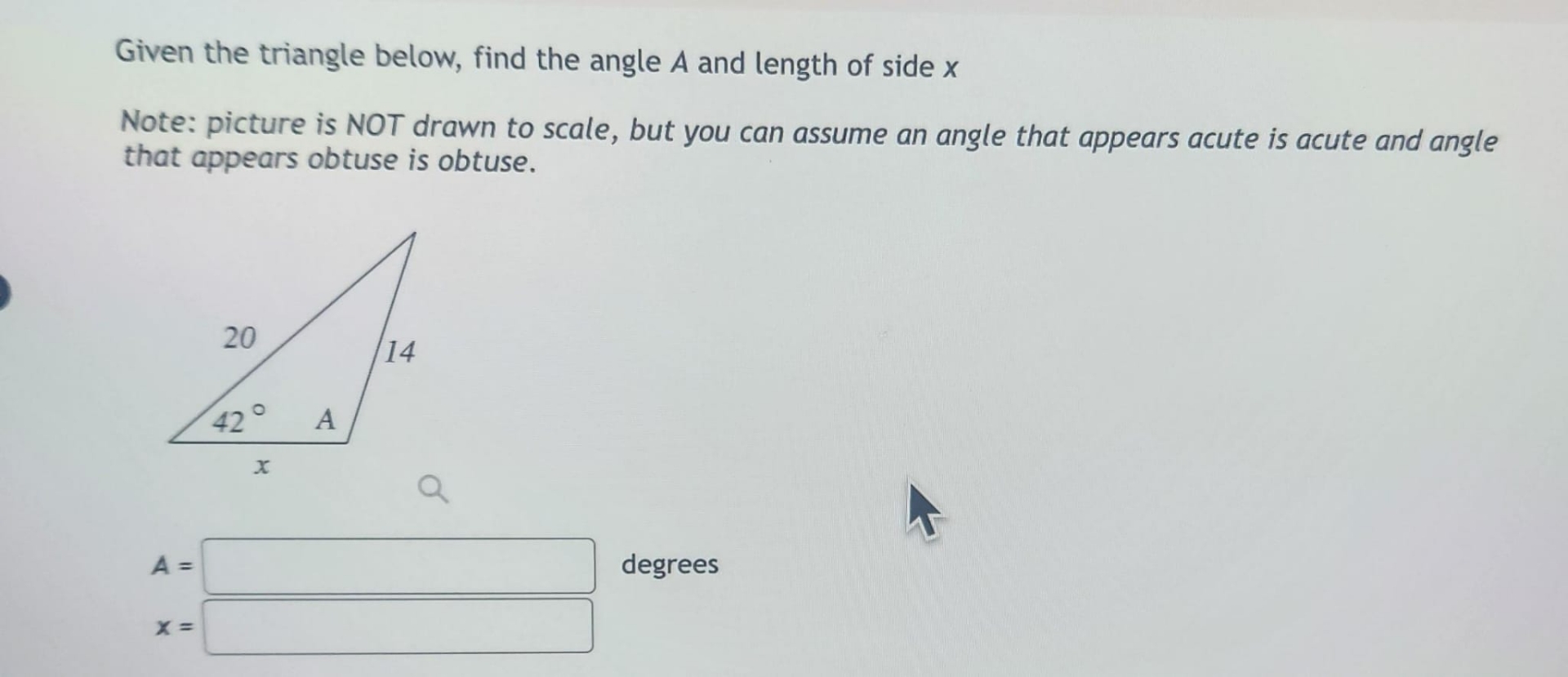 Solved Given the triangle below, find the angle A and length | Chegg.com
