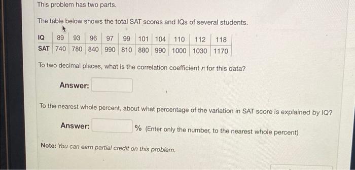 Solved The table below shows the total SAT scores and IQs of | Chegg.com