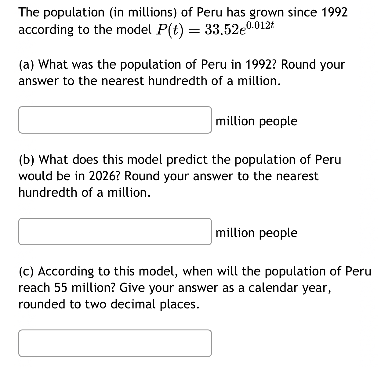 Solved The population (in millions) ﻿of Peru has grown since | Chegg.com
