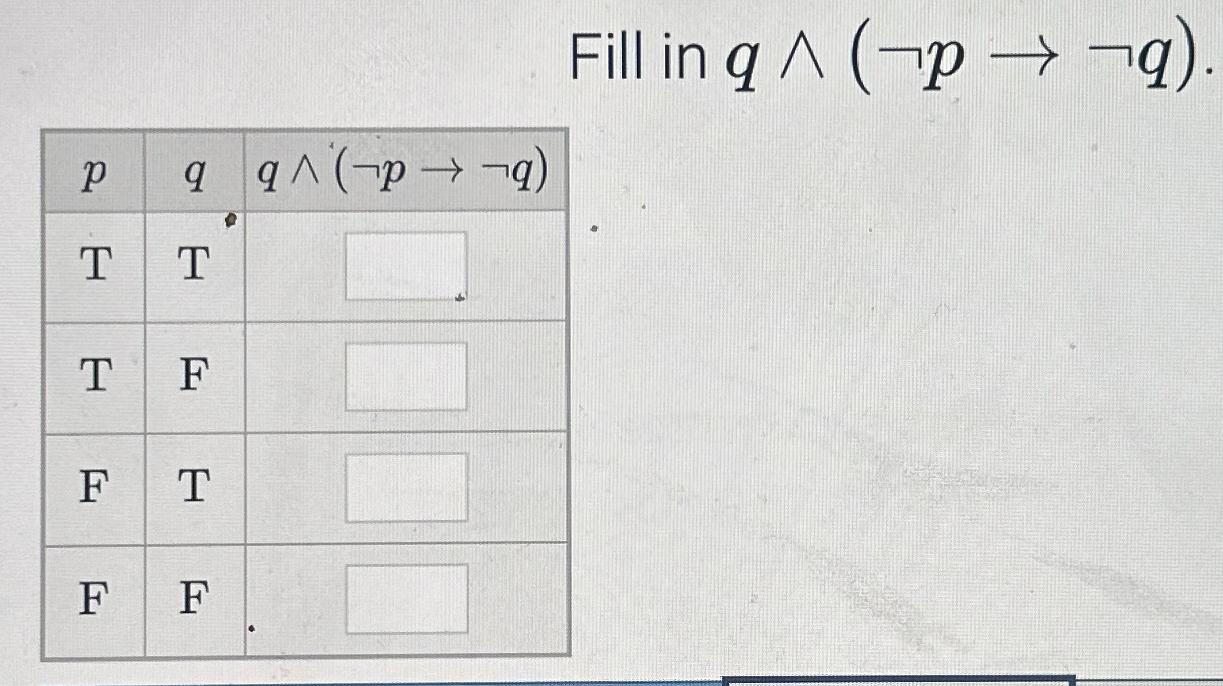 Solved Fill in q??(notp→notq)\table[[p,q,q??(notp→notq) | Chegg.com