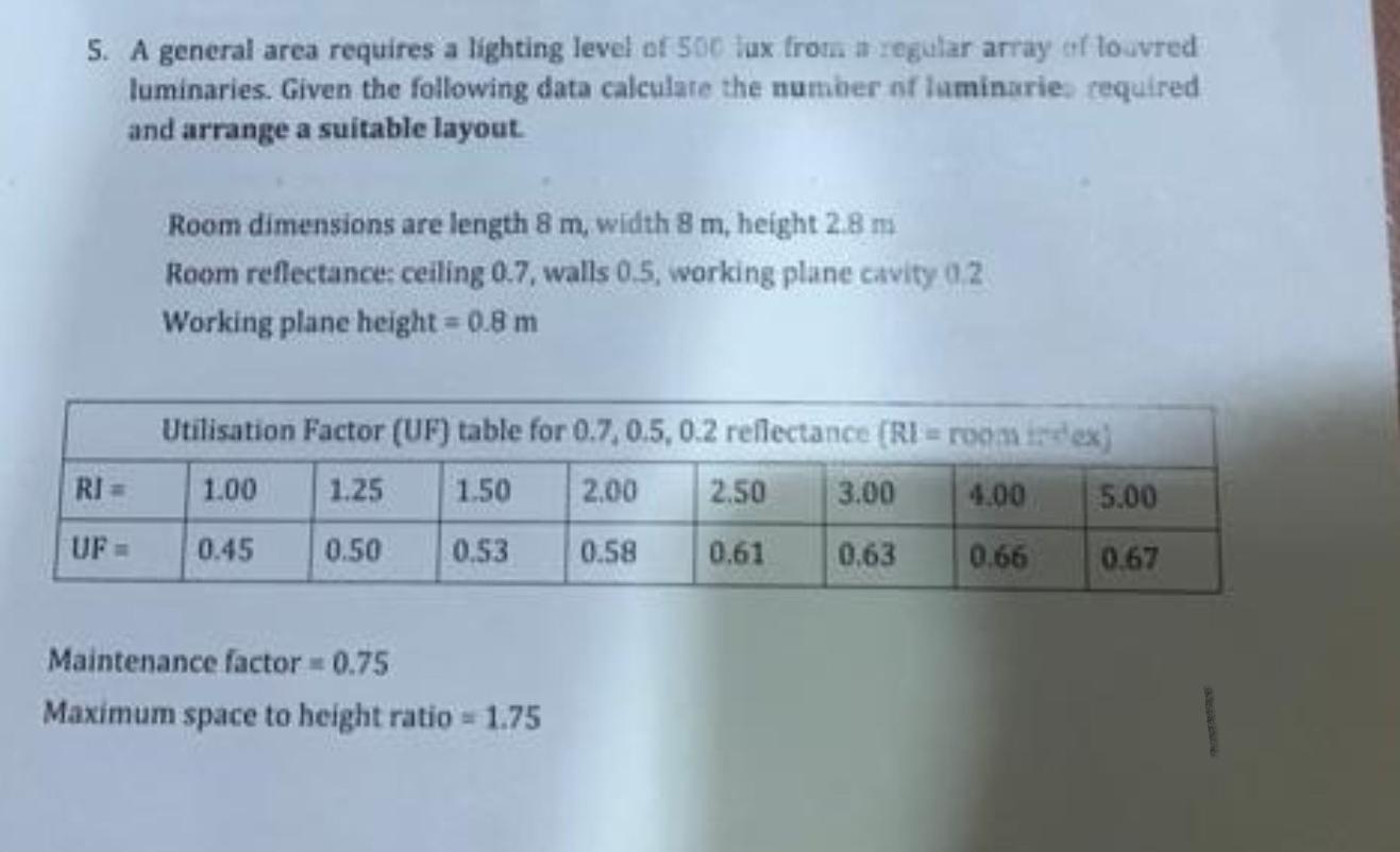 Solved 5. A general area requires a lighting level of 500 | Chegg.com