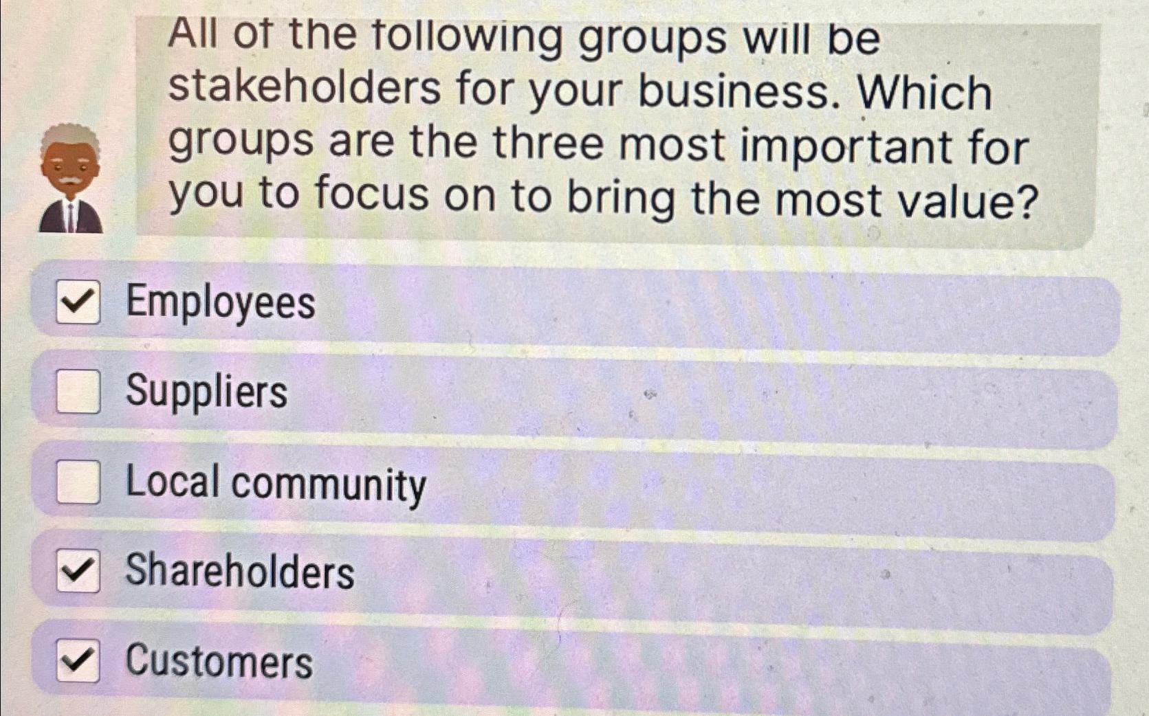 Solved All of the tollowing groups will be stakeholders for | Chegg.com