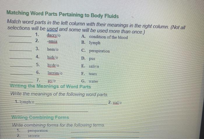 Solved Matching Word Parts Pertaining to Body Fluids Match | Chegg.com