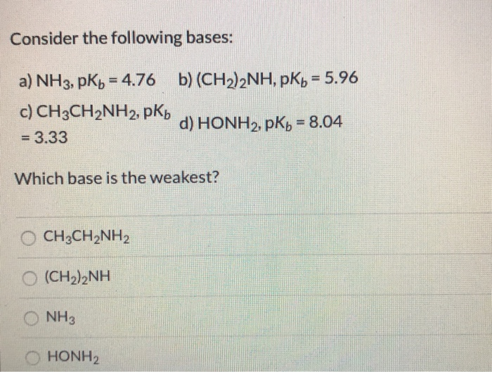 Solved Consider the following bases: a) NH3, pKb = 4.76 b) | Chegg.com
