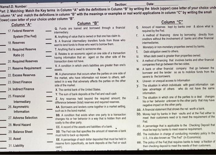 amell.D. Number: 2. Matching: Match the Key terms in | Chegg.com