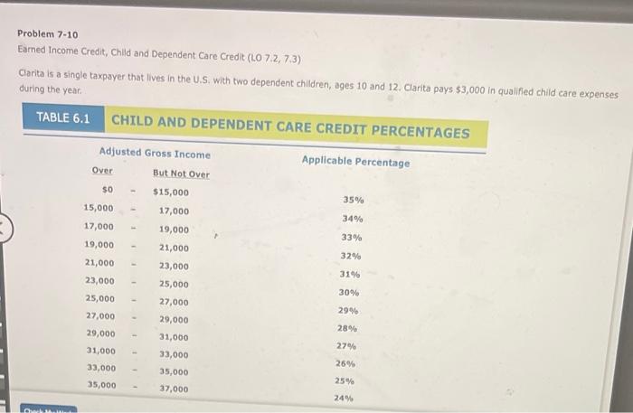 Problem 7-10 Earned Income Credit, Child and | Chegg.com
