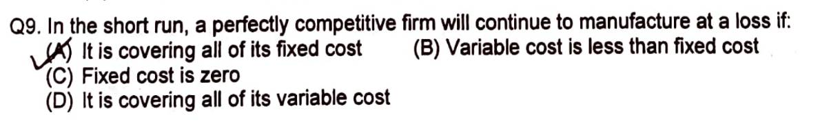 Solved Q9. ﻿In the short run, a perfectly competitive firm | Chegg.com