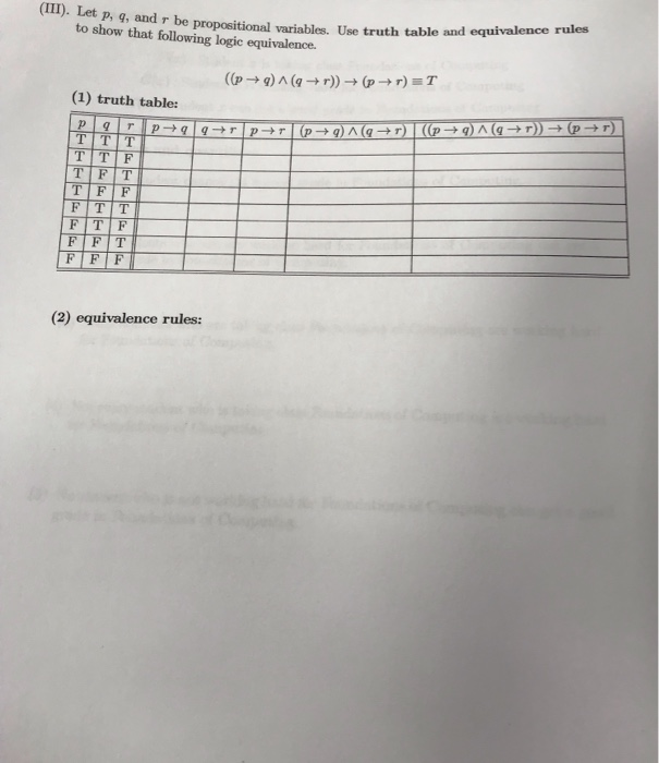 Solved (III). Let p, q, and r be propositional variables. to | Chegg.com