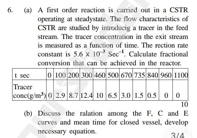 Solved (a) A first order reaction is carried out in a CSTR | Chegg.com