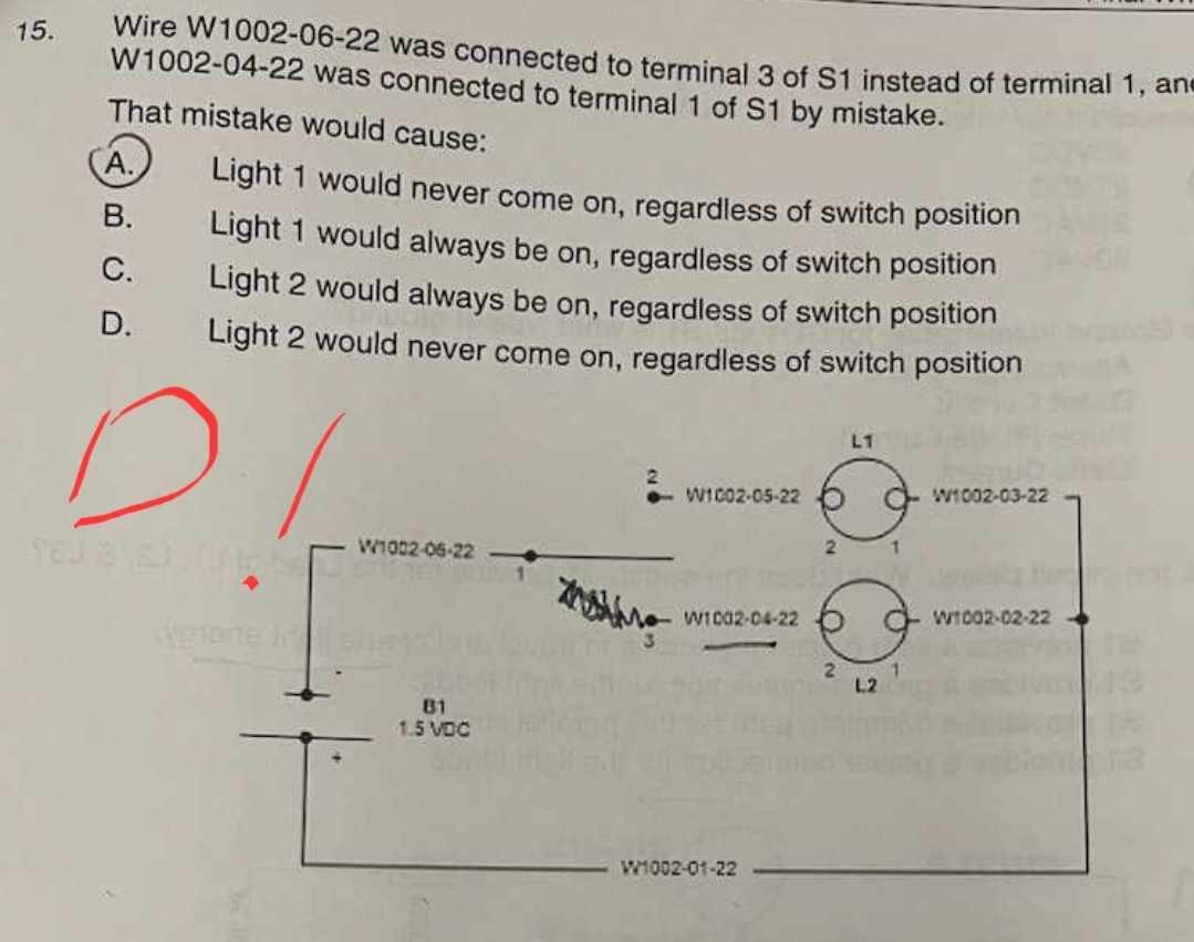 Solved Wire W1002-06-22 ﻿was connected to terminal 3 ﻿of S1 | Chegg.com