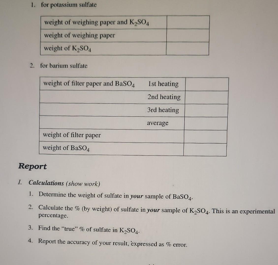 Solved Data for calculating % sulfate in K2SO4 Mass of | Chegg.com
