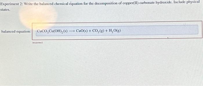 Solved Experiment 2: Write the balanced chemical equation | Chegg.com