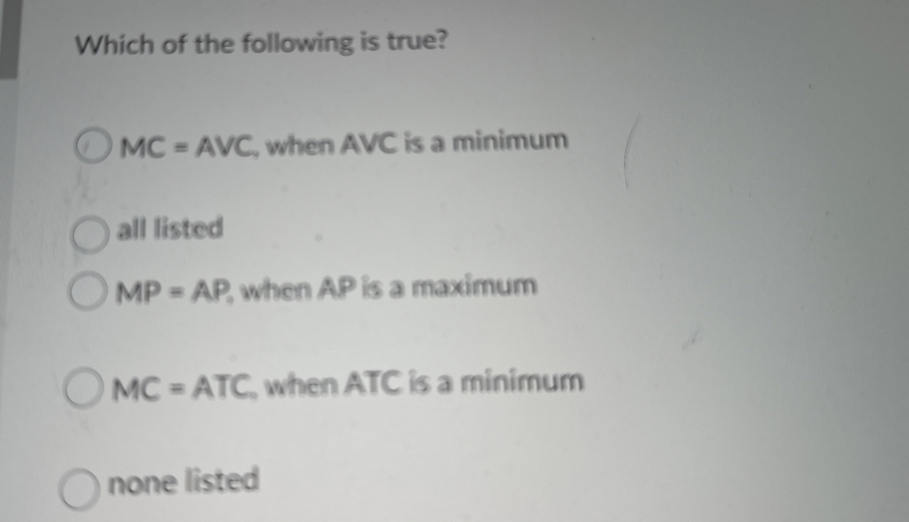 Solved Which of the following is true?MC=AVC, when AVC is a | Chegg.com