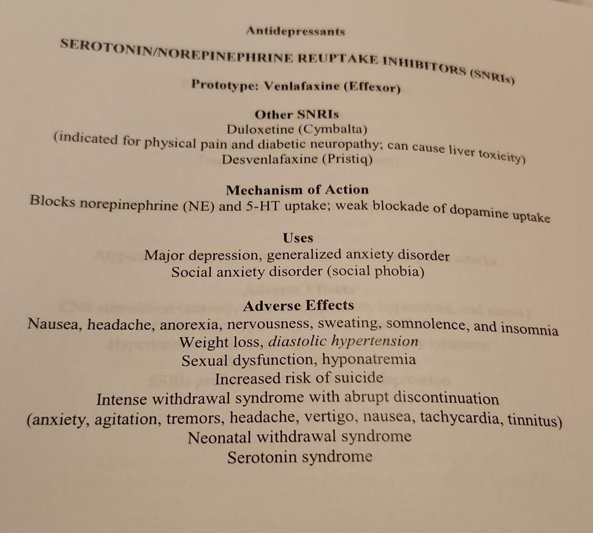 Solved Antidepressants SEROTONIN/NOREPINEPHIRINE REUPTAKE | Chegg.com