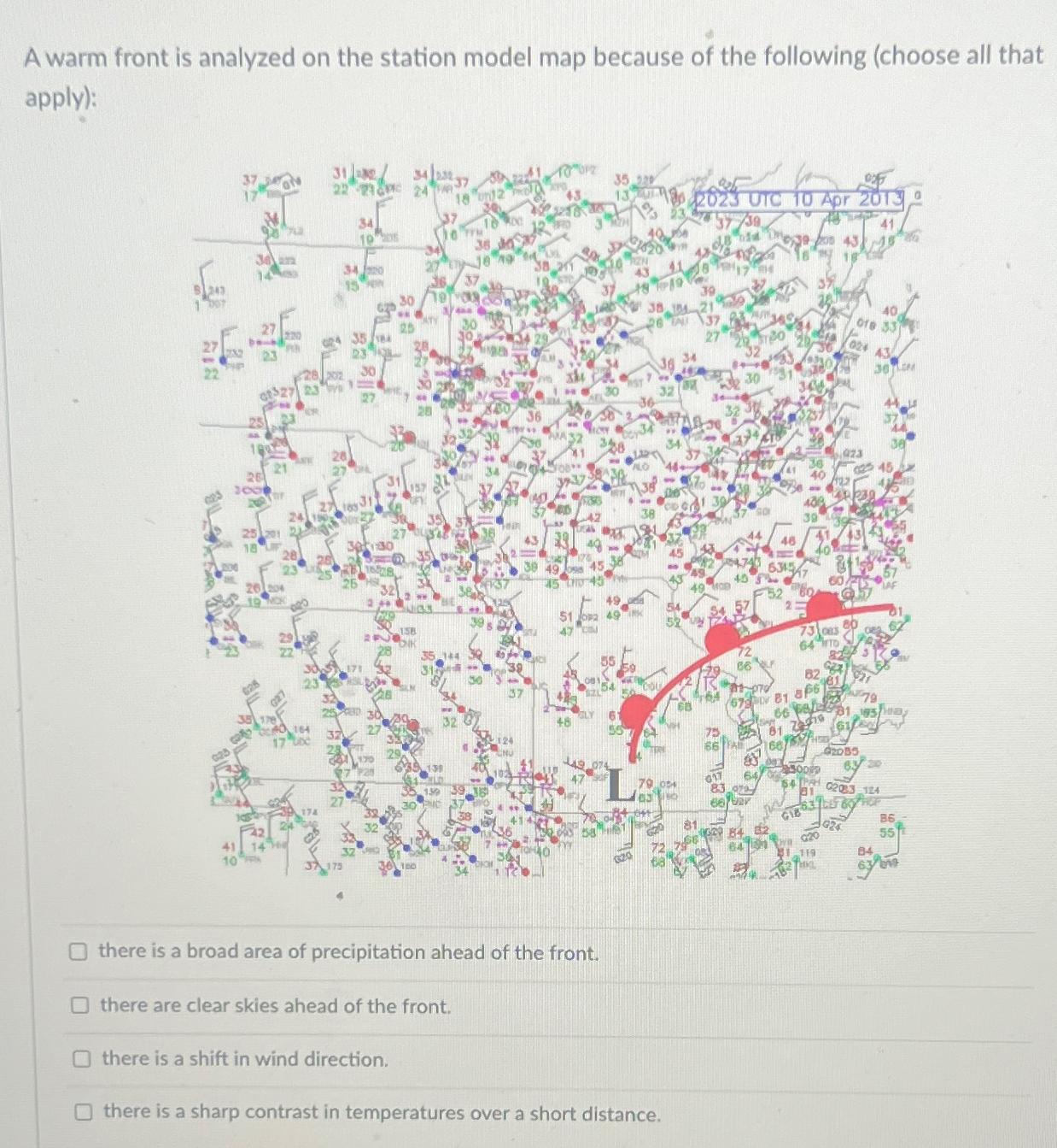 Solved A warm front is analyzed on the station model map | Chegg.com