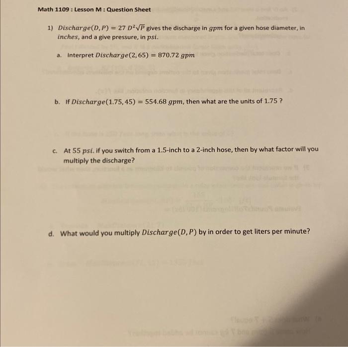 Solved 1) Discharge (D,P)=27D2P gives the discharge in gpm | Chegg.com