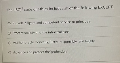 Solved The ( ﻿ISC )2 ﻿code of ethics includes all of the | Chegg.com