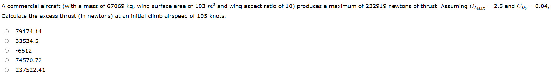 Calculate the excess thrust (in newtons) ﻿at an | Chegg.com
