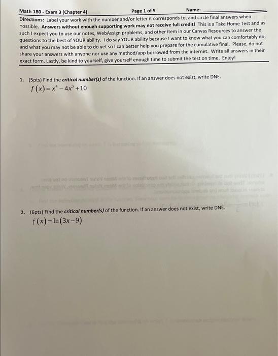 Solved Math 180 - Exam 3 (Chapter 4) Page 1 of 5 Name: | Chegg.com