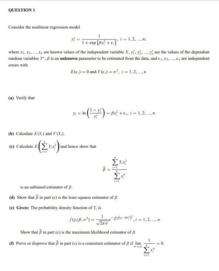 Solved Consider the nonlinear regression model | Chegg.com