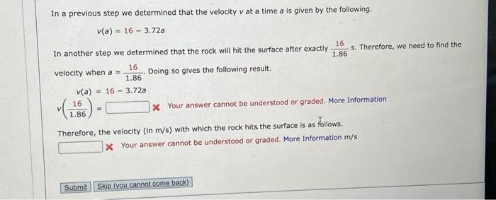 Solved In a previous step we determined that the velocity v | Chegg.com