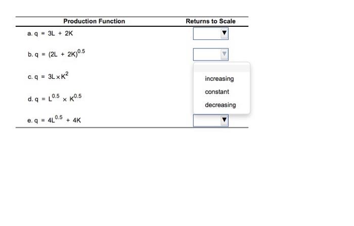 Solved Returns to Scale Production Function a. q = 3L + 2K | Chegg.com