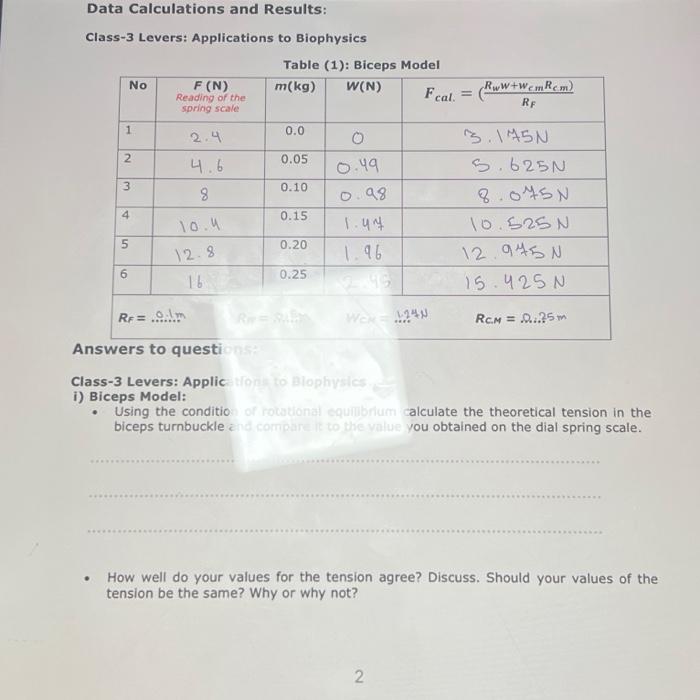 Solved Data Calculations and Results: Class-3 Levers: | Chegg.com