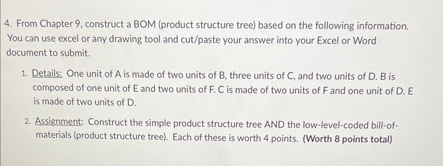 Solved From Chapter 9, ﻿construct a BOM (product structure | Chegg.com