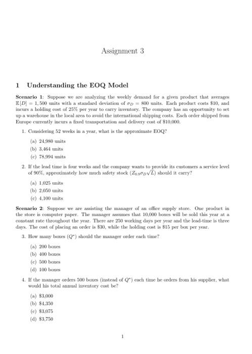 Solved Assignment 3 1 Understanding the EOQ Model Scenario | Chegg.com