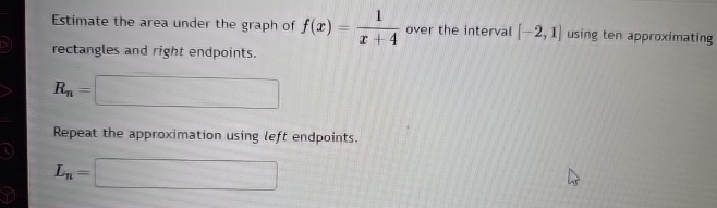 Solved Estimate the area under the graph of f(x)=1x+4 ﻿over | Chegg.com