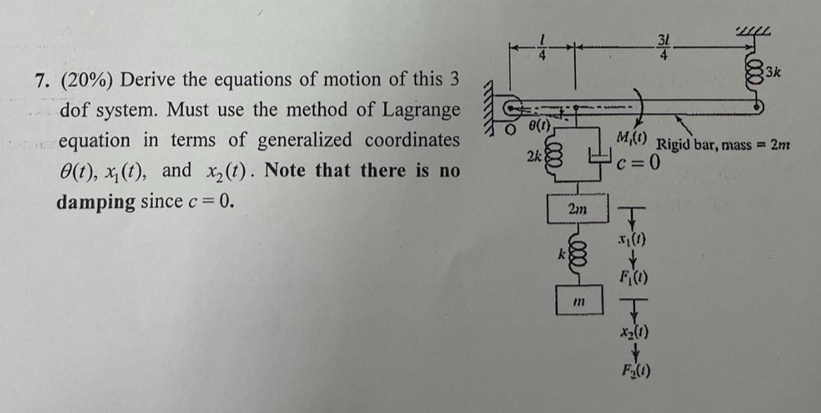 Solved (20%) ﻿Derive the equations of motion of this 3 ﻿dof | Chegg.com