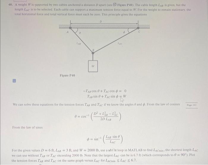 Solved 10. A weight W is supported by two cables anchored a | Chegg.com