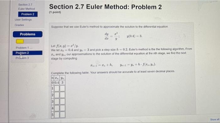 Solved Section 2.7 Euler Method: Problem 2 (1 point) Section | Chegg.com
