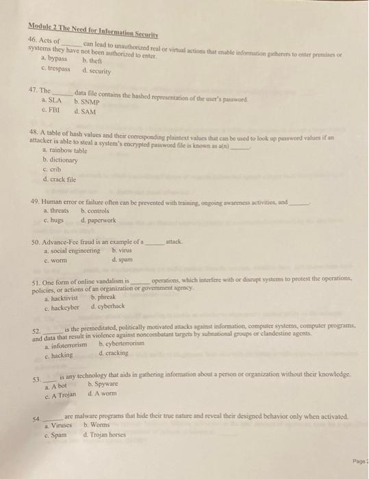 Solved Module 2 The Niced far Information Sesurity Multiple | Chegg.com
