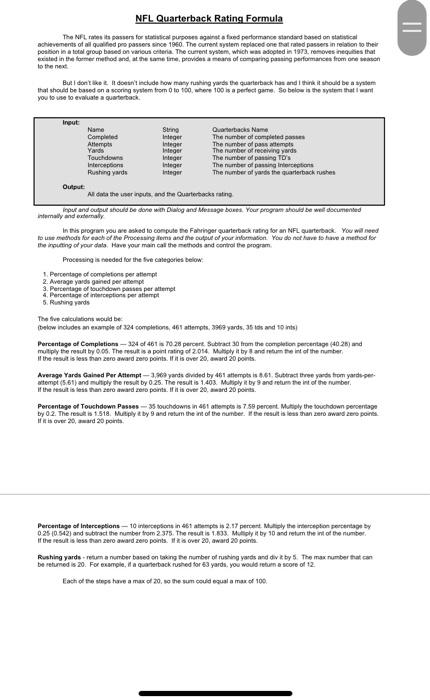 Solved II NFL Quarterback Rating Formula The NFL ita pasur | Chegg.com