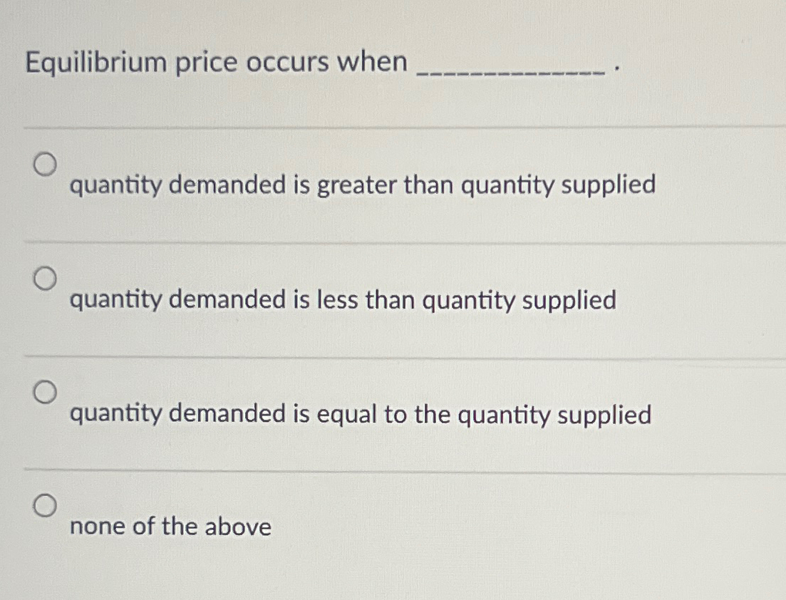 Solved Equilibrium price occurs whenquantity demanded is | Chegg.com