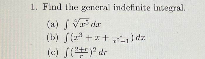 Solved 1. Find the general indefinite integral. (a) √x5 dx | Chegg.com
