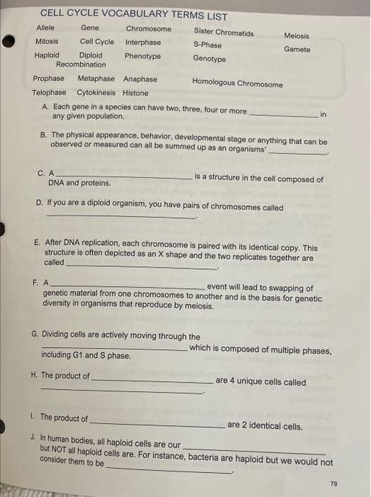 Solved CELL CYCLE VOCABULARY TERAAC I iot A. Each gene in a | Chegg.com