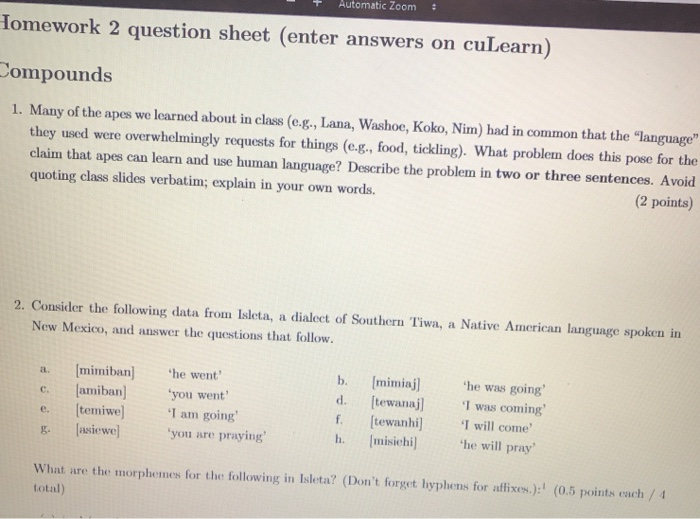 Automatic Zoom Homework 2 question sheet (enter | Chegg.com