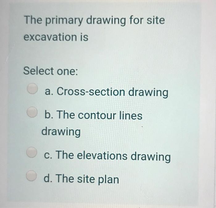 Solved The primary drawing for site excavation is Select | Chegg.com