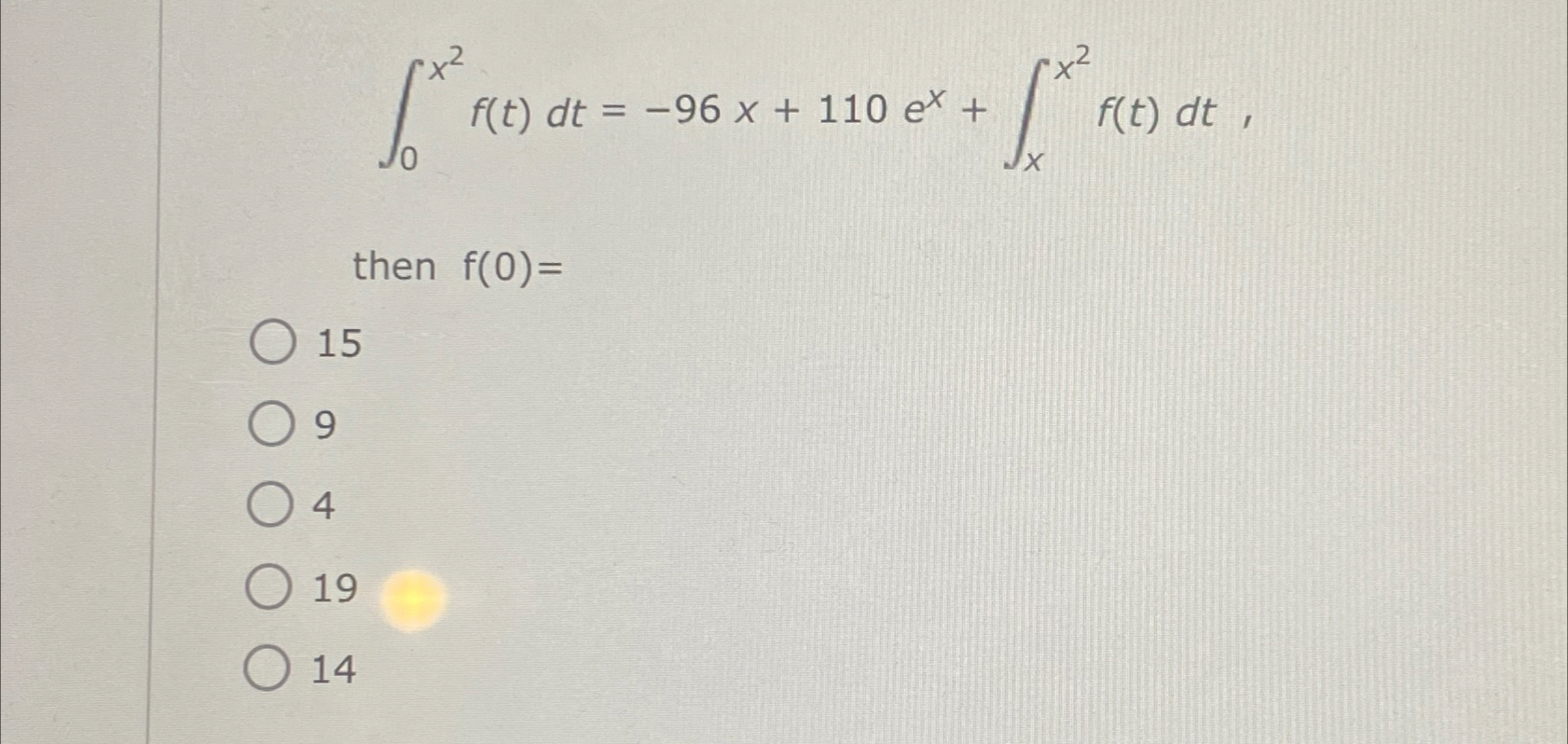Solved ∫0x2f(t)dt=-96x+110ex+∫xx2f(t)dtthen f(0)=15941914 | Chegg.com