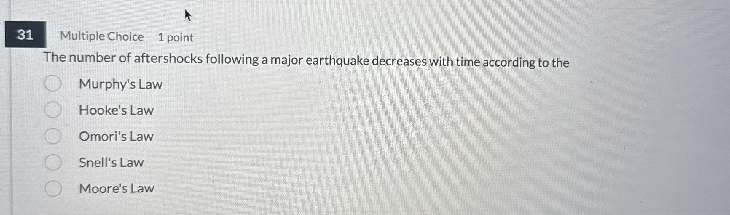 Solved 31 Multiple Choice 1 pointThe number of aftershocks | Chegg.com Solved 31 Multiple Choice 1 pointThe number of aftershocks | Chegg.com