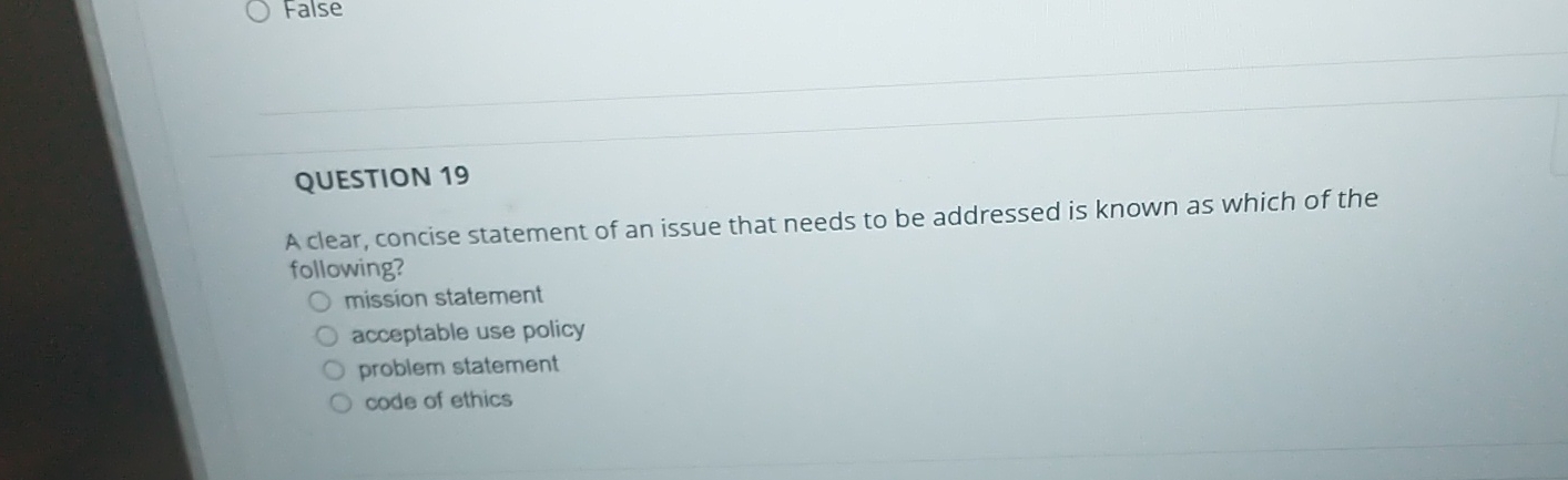 Solved QUESTION 19A clear, concise statement of an issue | Chegg.com