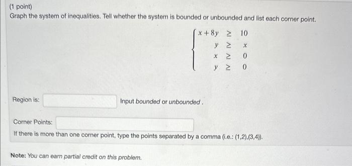 Solved (1 point) Graph the system of inequalities. Tell | Chegg.com