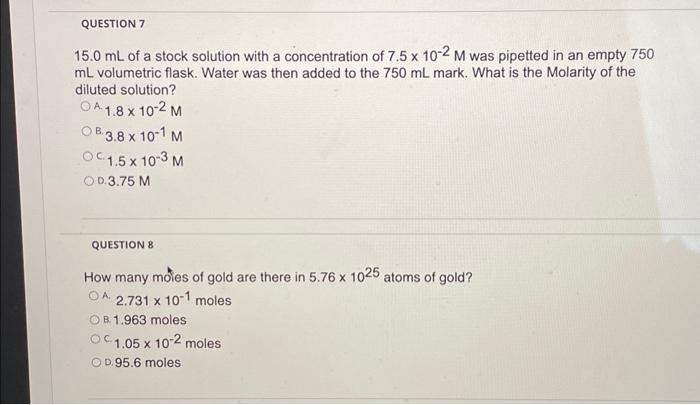 Solved 15.0 mL of a stock solution with a concentration of | Chegg.com