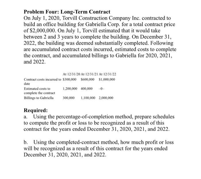 Solved Problem Four: Long-Term Contract On July 1, 2020, | Chegg.com