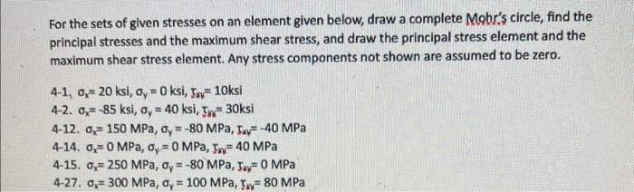 Solved For the sets of given stresses on an element given | Chegg.com