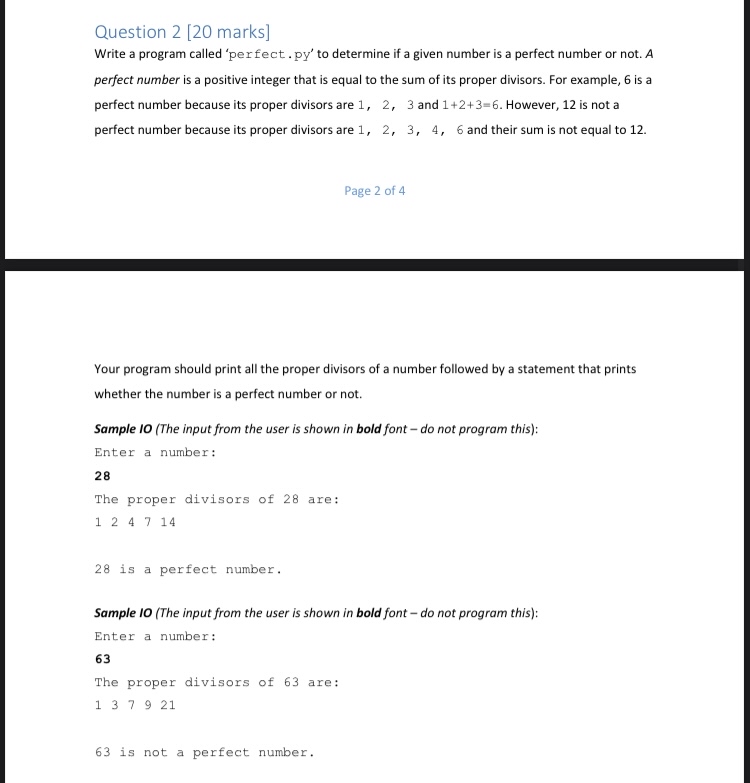 Solved Question 2 [20 ﻿marks]Write a program called 'perfect | Chegg.com