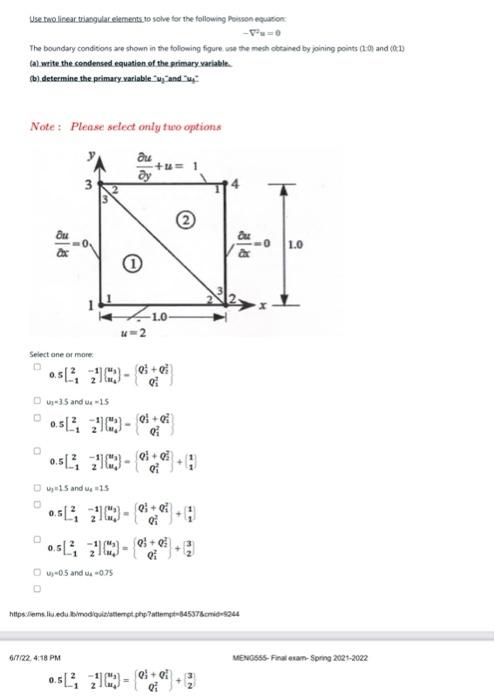 Solved Use two linear triangular elements to solve for the | Chegg.com